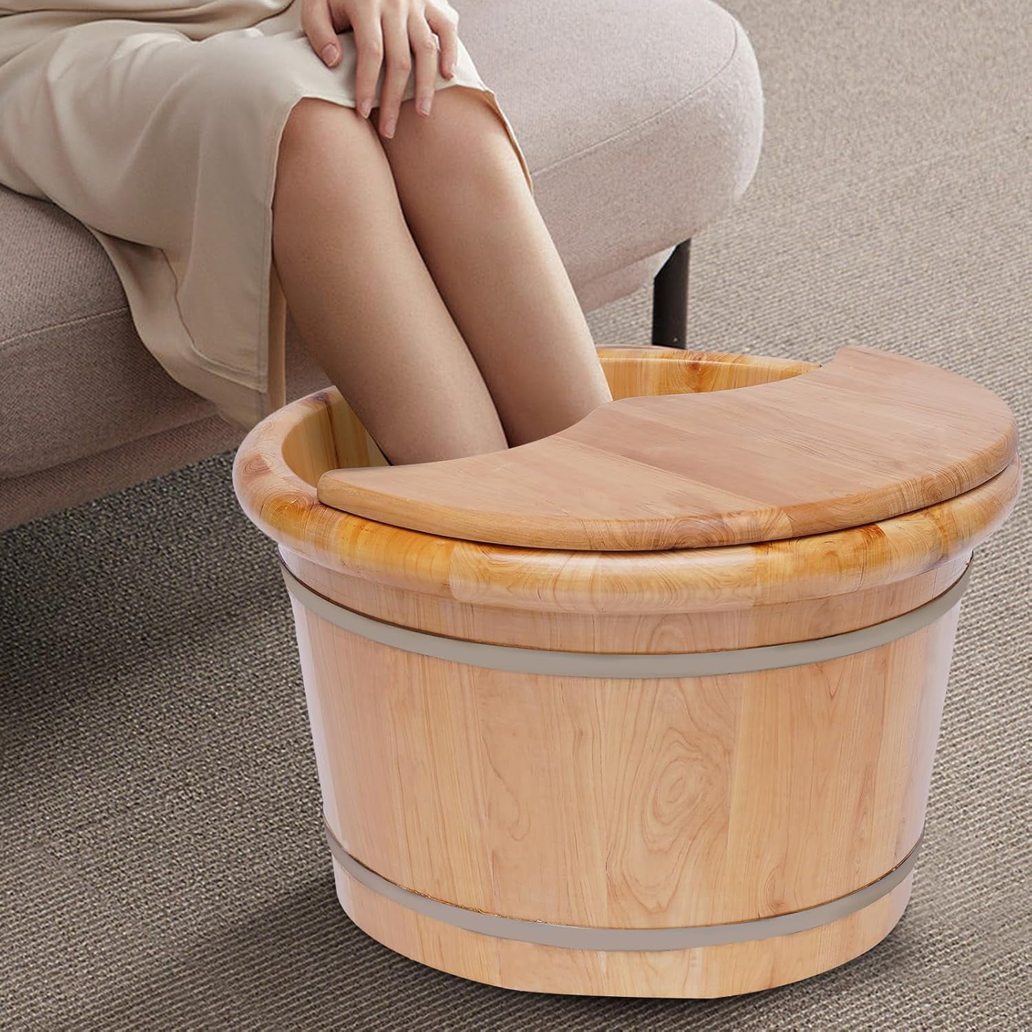 9 Inch Deep Foot Basin Wooden Bucket Foot Bath Massage with Cover Plate ...