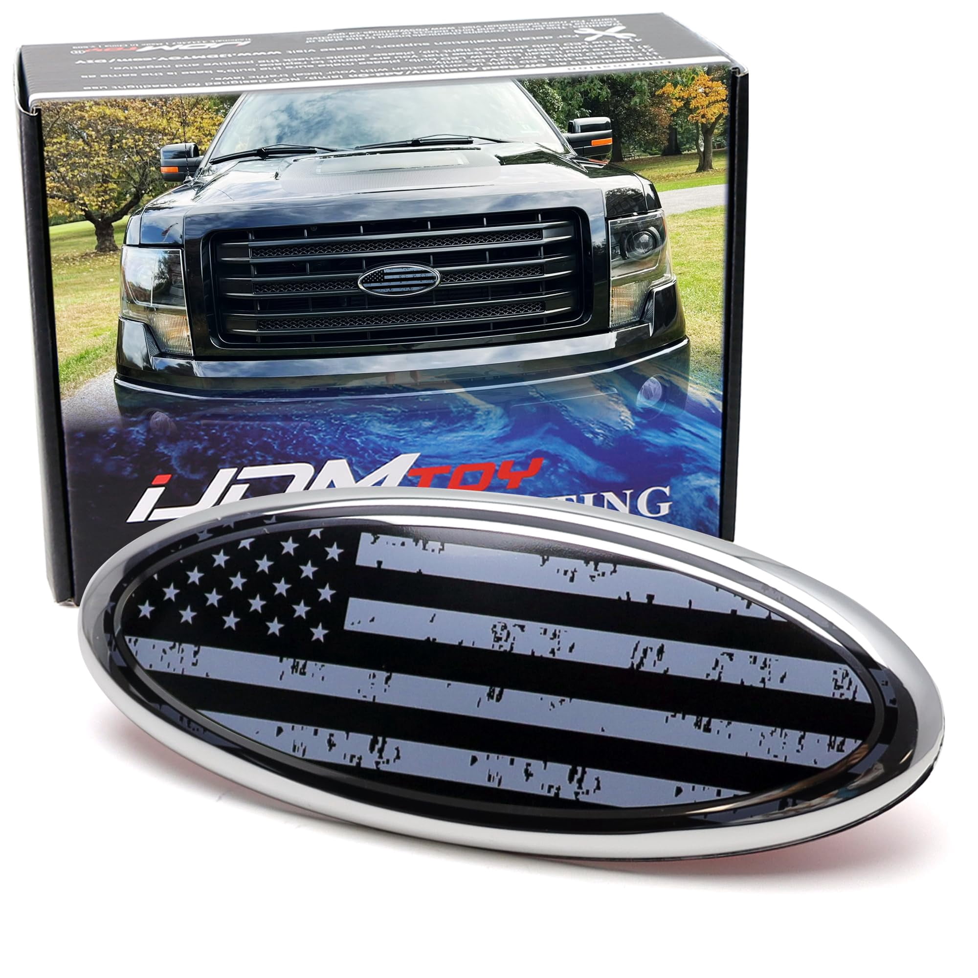9-Inch Distressed Grayscale US Flag Design Front Grille Oval Emblem ...