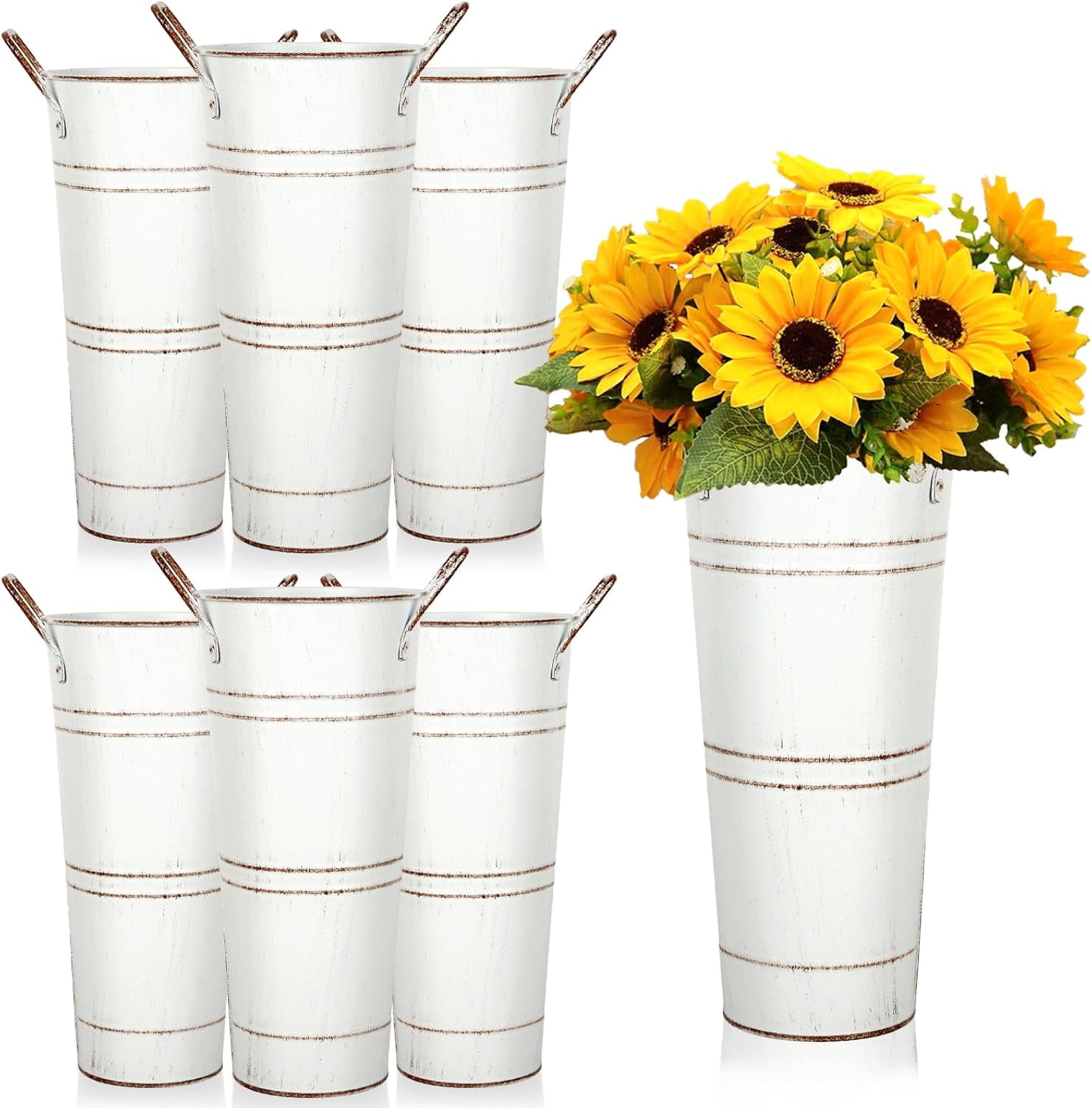 9 Inch High Galvanized French Bucket Vase with Handle 6Pcs White Metal ...