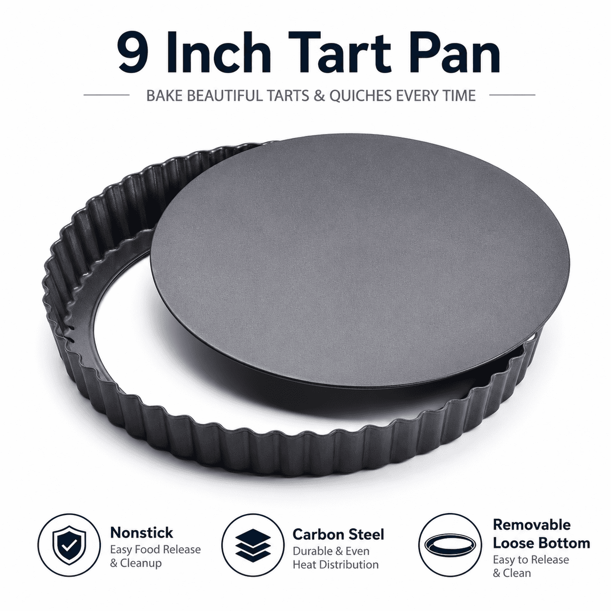 9 Inch Nonstick Tart Pan with Removable Loose Bottom, Carbon Steel ...