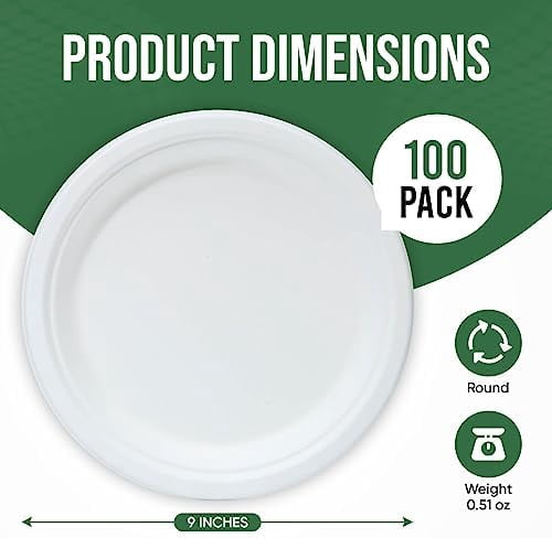 9 Inch Paper Plates 100 Pack - 100% Compostable Dinnerware | Leak ...