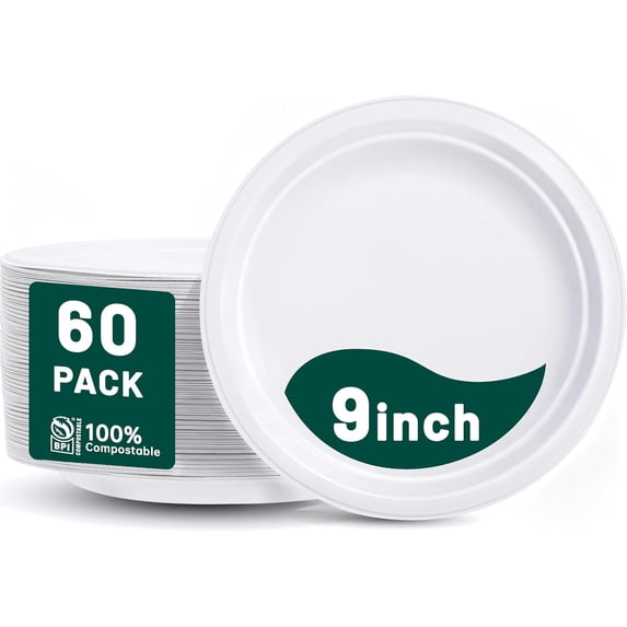 9 Inch Paper Plates 60 Pack 100% Compostable Plates | White Heavy Duty ...
