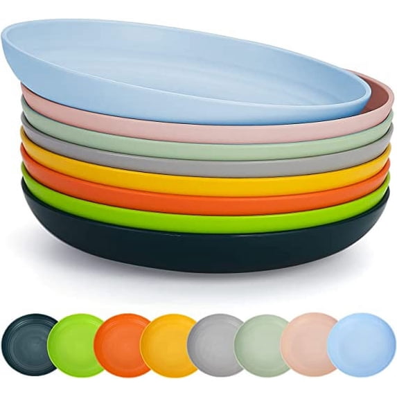 9 Inch Plastic Deep Dinner Plates Set of 8 Colors, Reusable and Sturdy ...