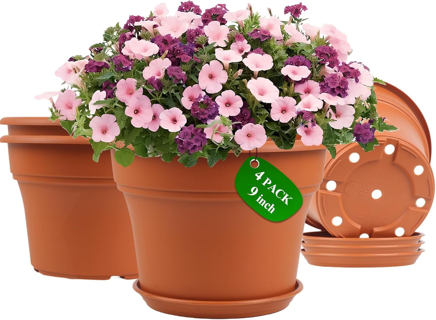 9 Inch Plastic-Flower Pot-for-Indoor Plants, 4 Pack Large Outdoor ...