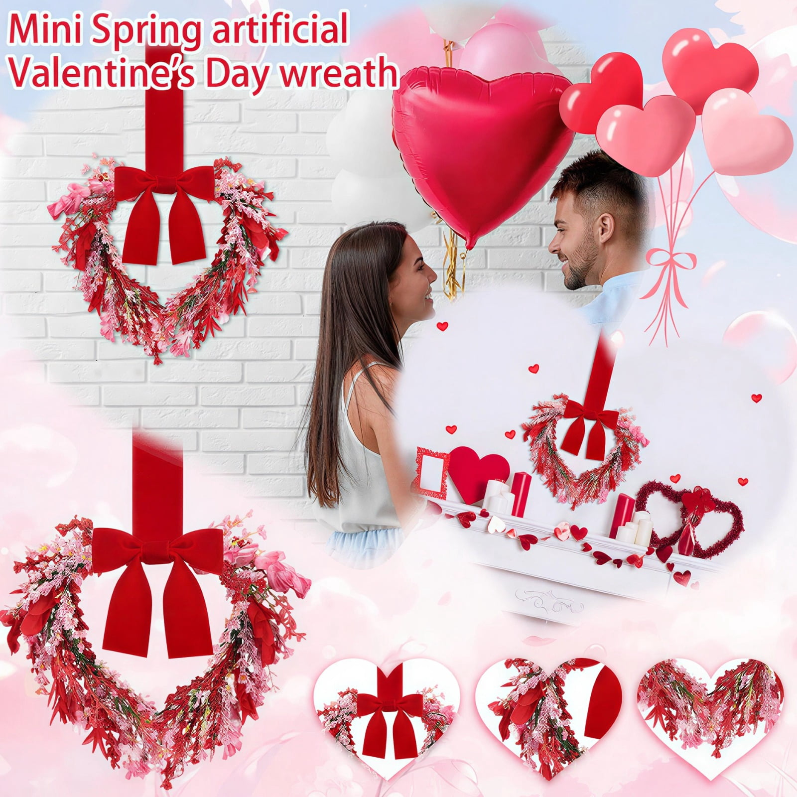 9 Inch Valentine’s Day Heart Wreath Red Pink Artificial Floral with ...