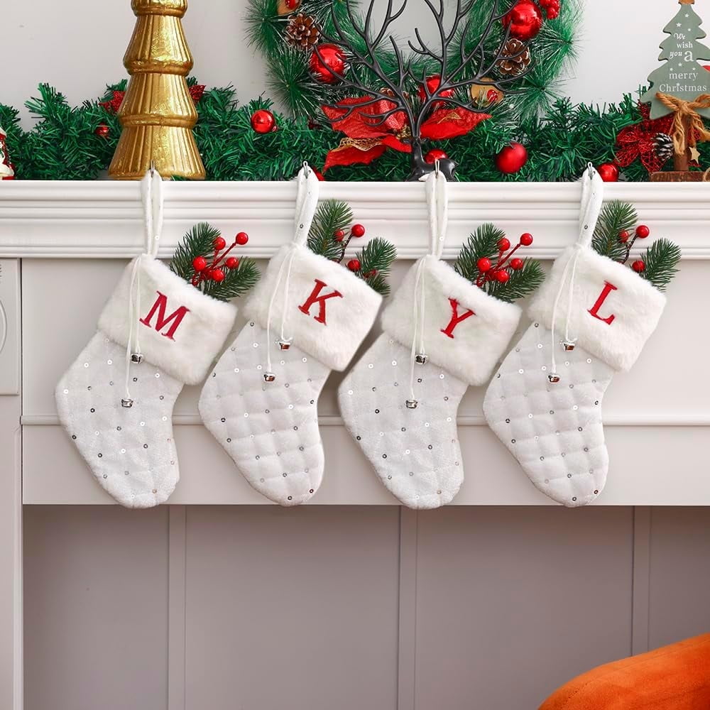 9 Inches Initial Monogram Embroidered Christmas Stocking White Velvet ...