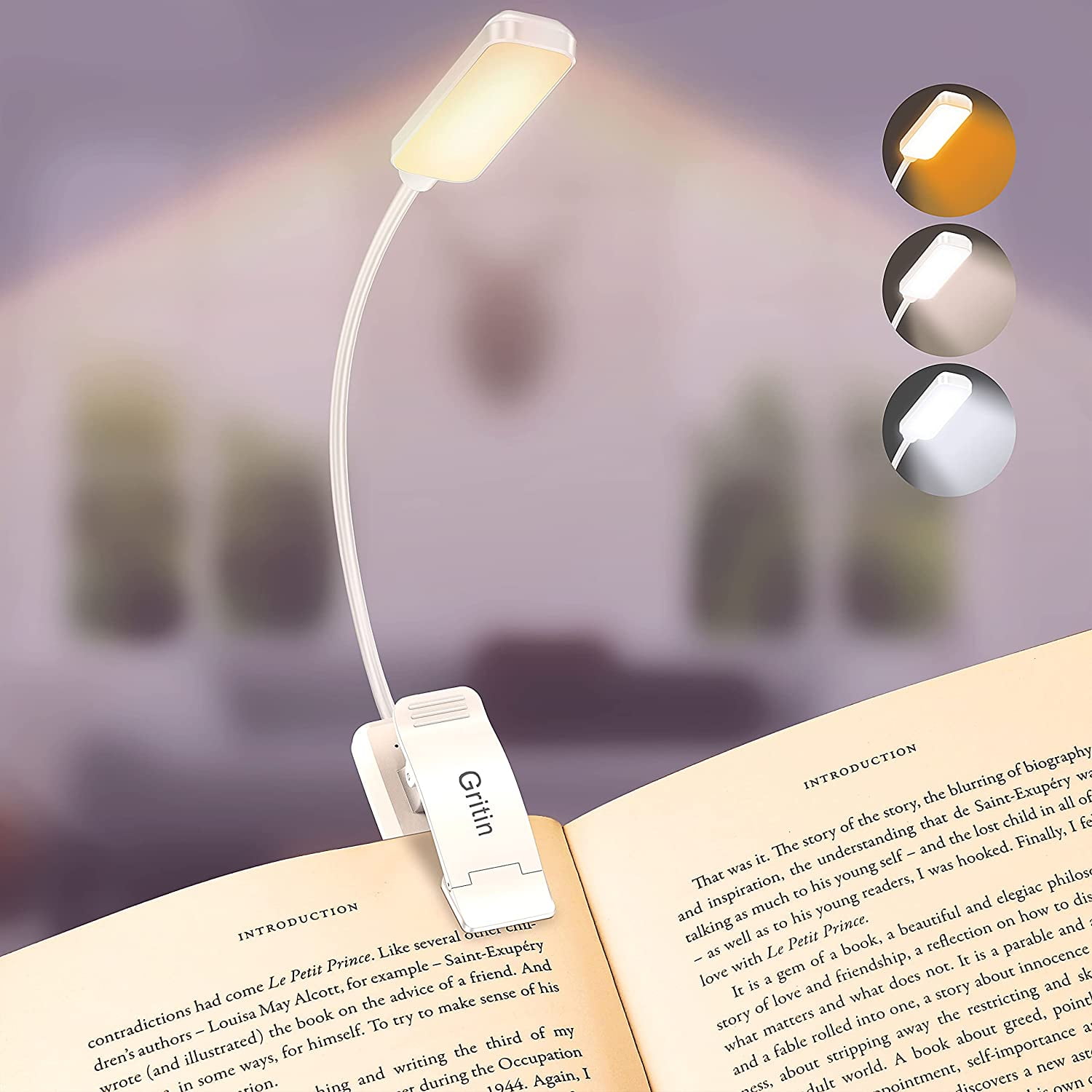 9 LED Rechargeable Book Light for Reading in Bed -Eye Caring 3 Color ...