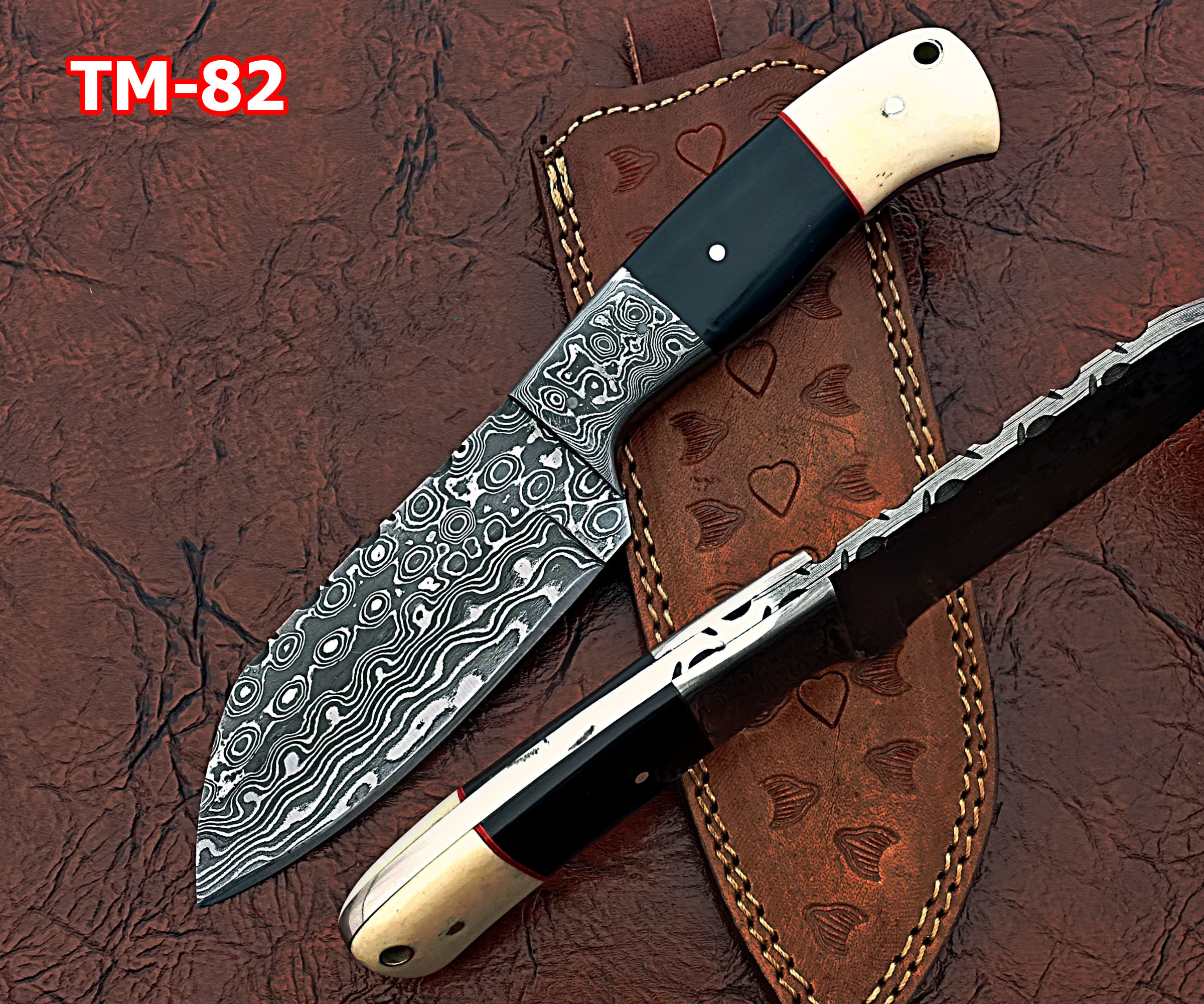 9" Long Trailing Point Blade Skinning Knife, Hand Forged rain Drop Pattern Damascus Steel Full ...