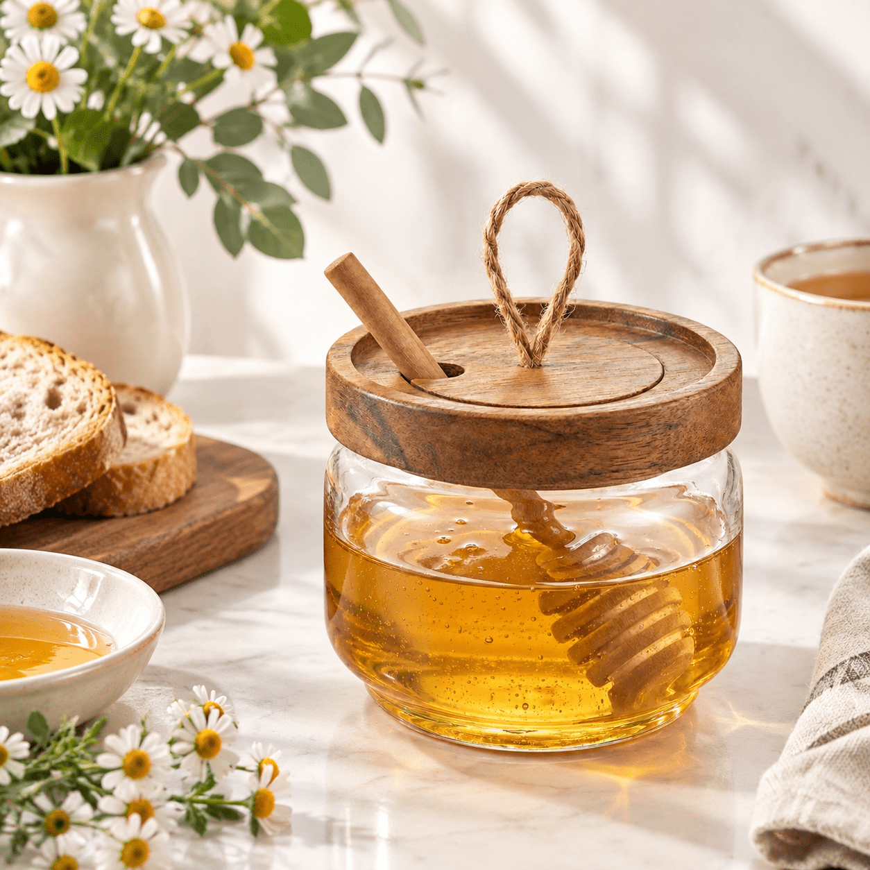 9 Oz Glass Honey Jar Pot Dispenser Set With Wooden Dipper And Lid ...