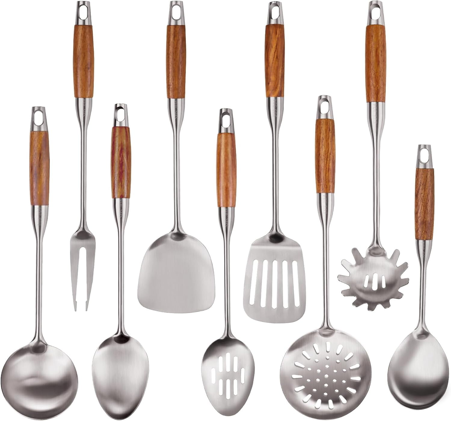 9 PCS 304 Stainless Steel Kitchen Cooking Utensils set with Wooden ...