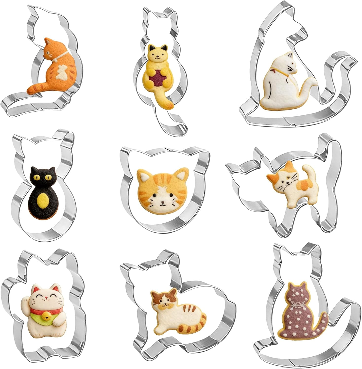 9 PCS Cat Cookie Cutter Set, Stainless Steel Kitten Shaped Cookie ...
