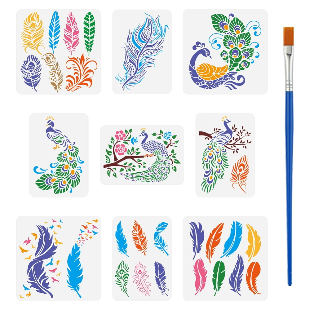 9 PCS Feather Theme Stencils with 1Pc Plastic Paint Brush 2 Sizes ...