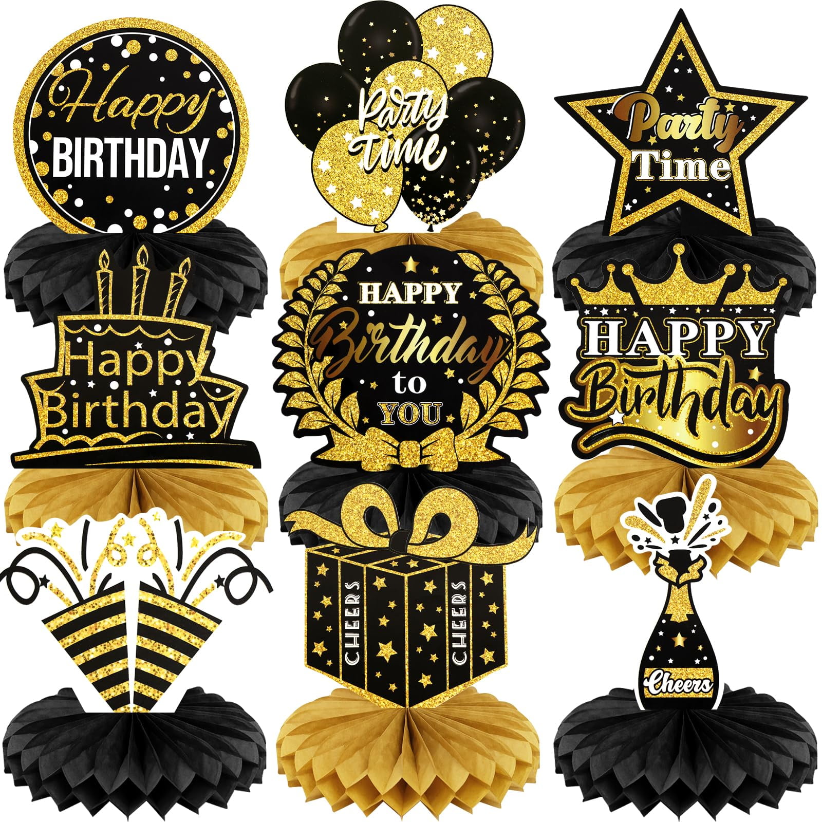 9 PCS Happy Birthday Party Table AIS1 Decorations | Black Gold Birthday ...
