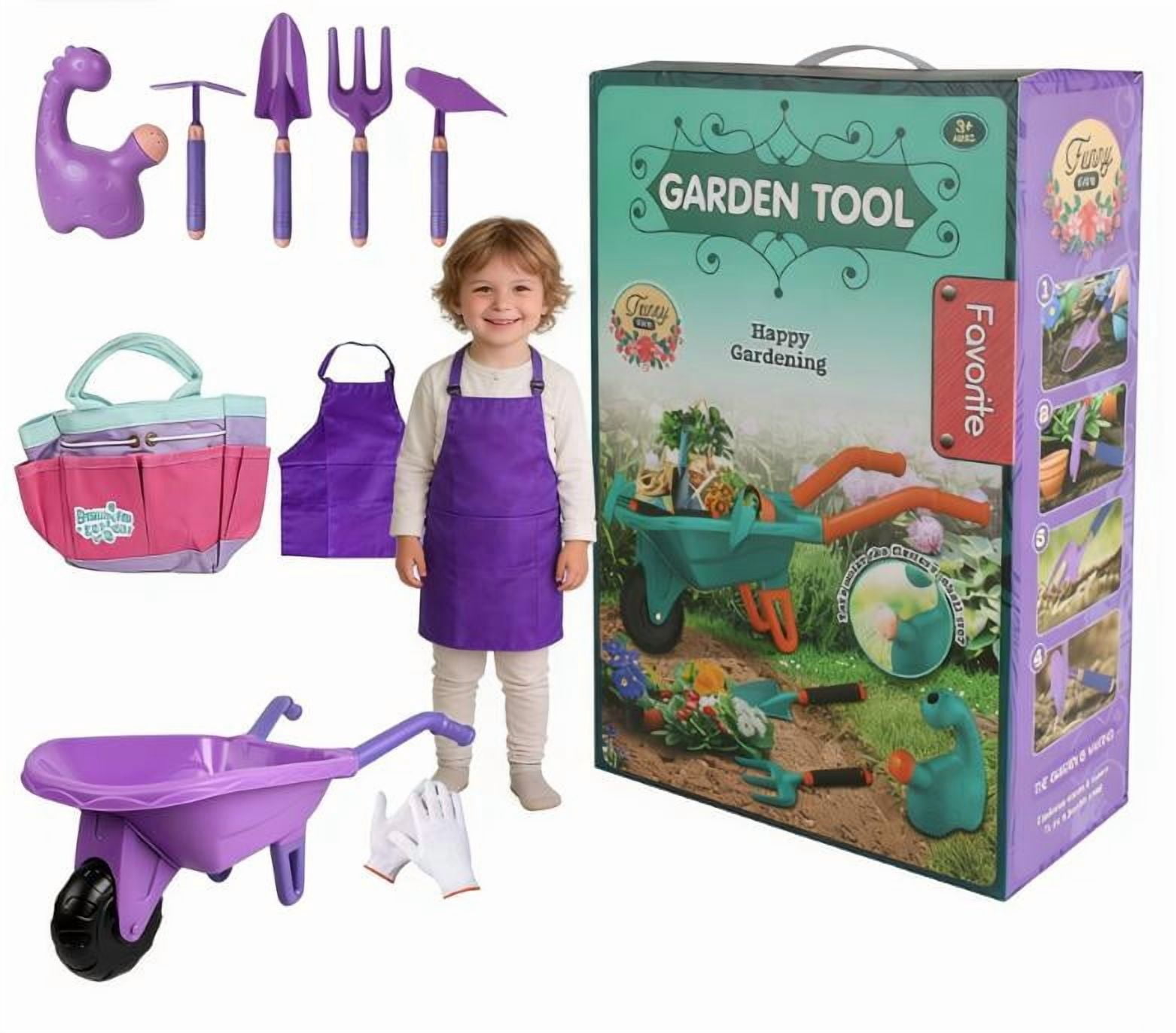 9 PCS Kids Gardening Set with Wheelbarrow, Watering Can, Tote Bag ...