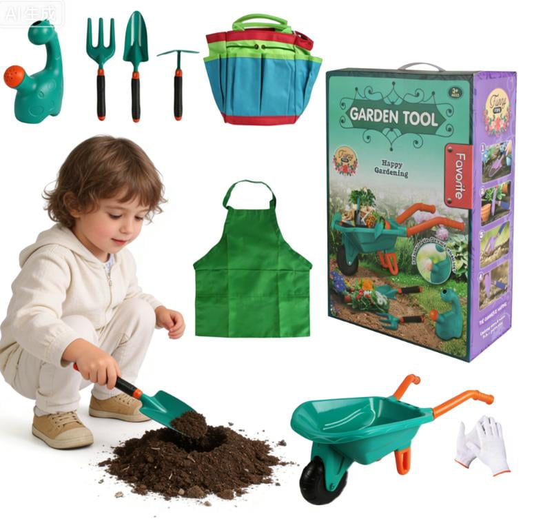 9 PCS Kids Gardening Set with Wheelbarrow, Watering Can, Tote Bag ...