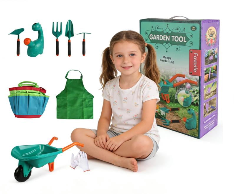 9 PCS Kids Gardening Set with Wheelbarrow, Watering Can, Tote Bag ...