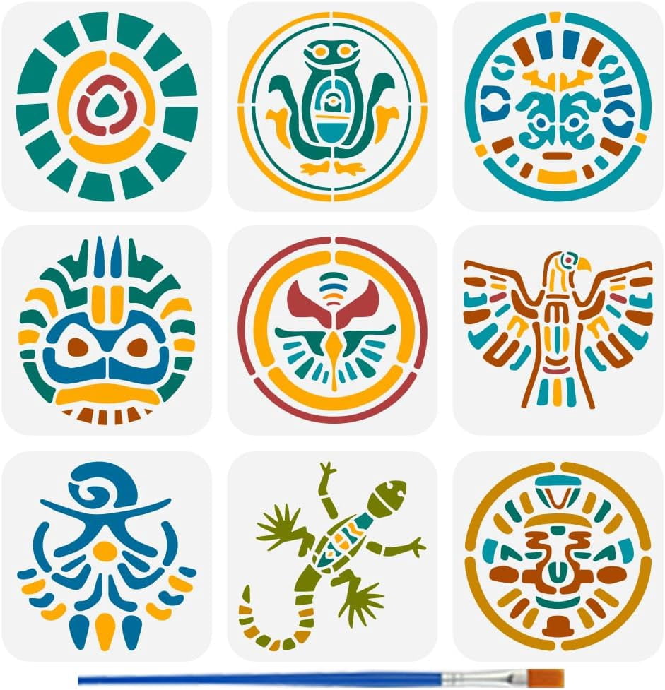 9 PCS Maya Culture Stencils for Painting with Brush 5.9x5.9inch ...