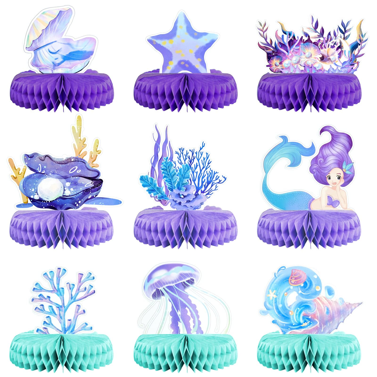 9 PCS Mermaid Party Centerpieces, Ocean Themed Mermaid Honeycomb Table ...