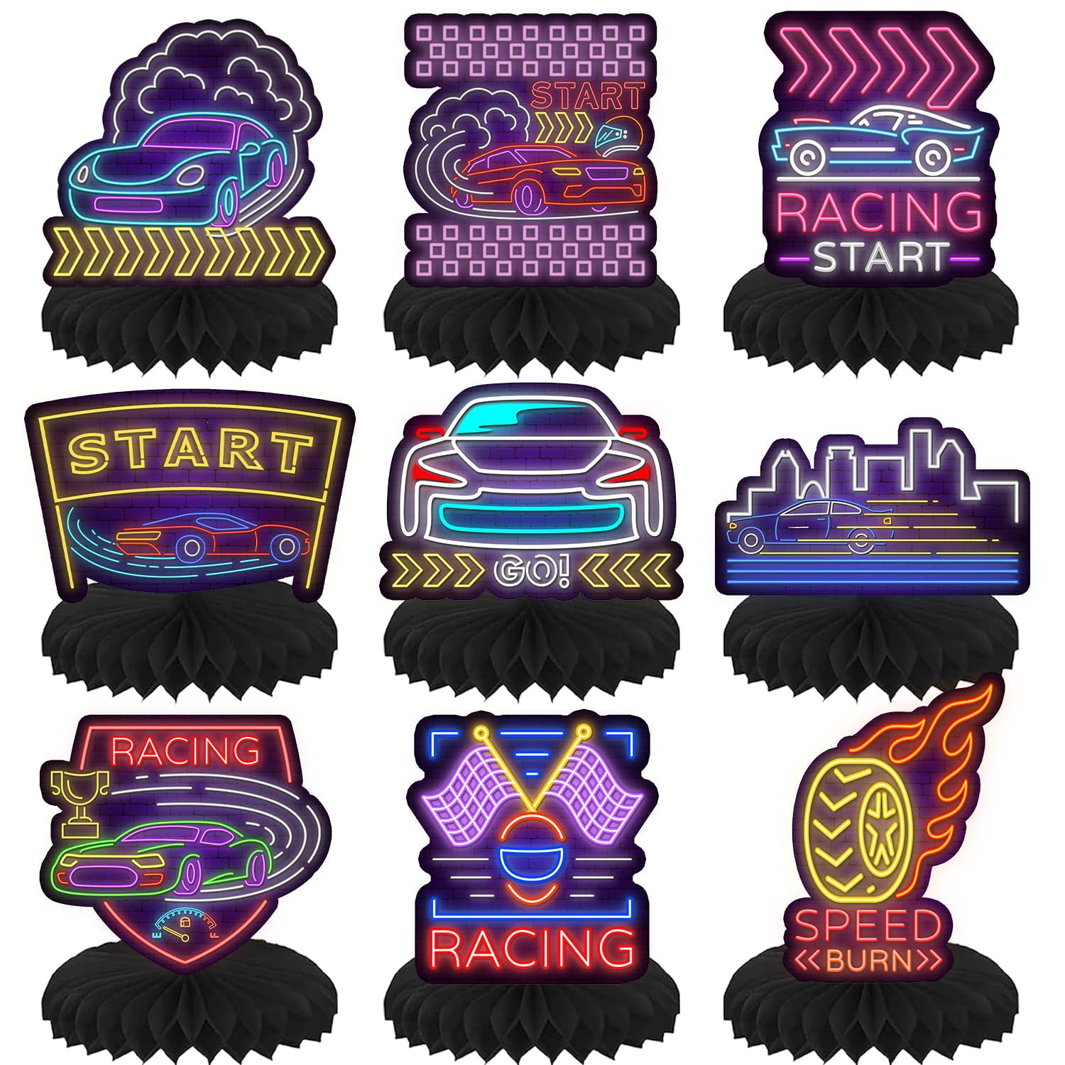 9 PCS Neon Race Car Honeycomb Centerpieces Neon Race Car Racing ...