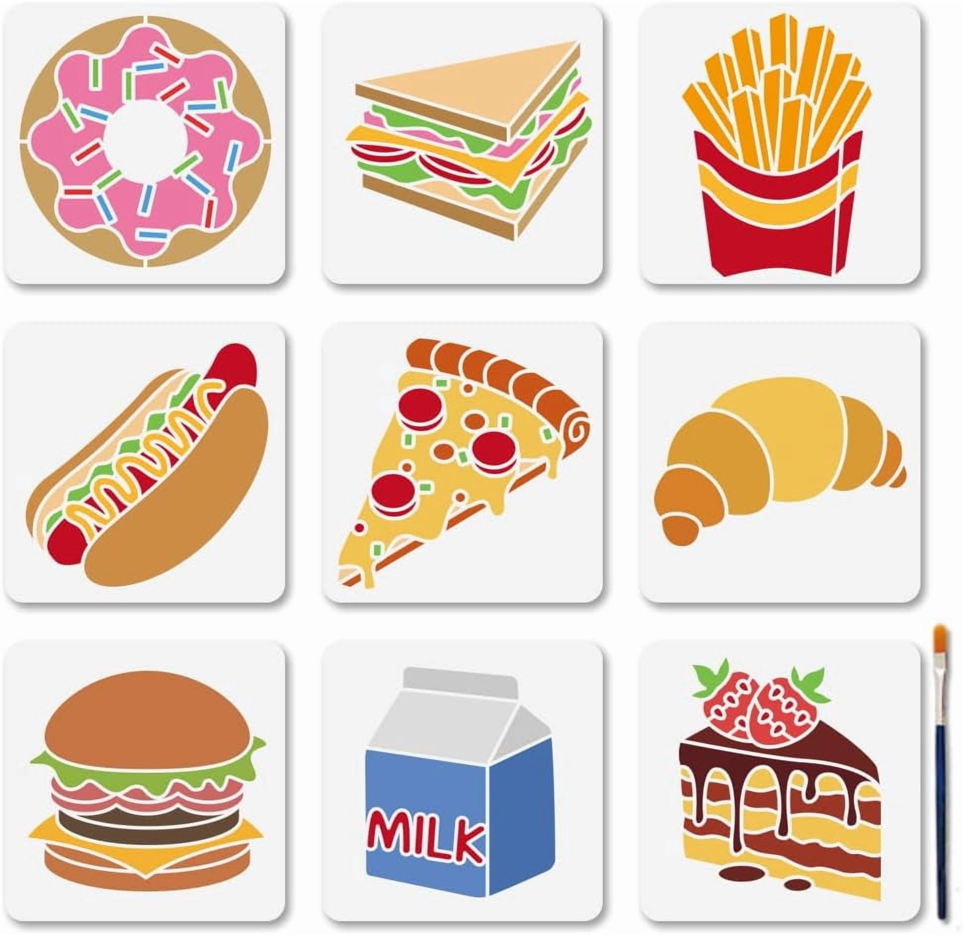 9 PCS Popular Food Painting Stencils 5.9x5.9 Inches Hamburgers Hot Dogs ...