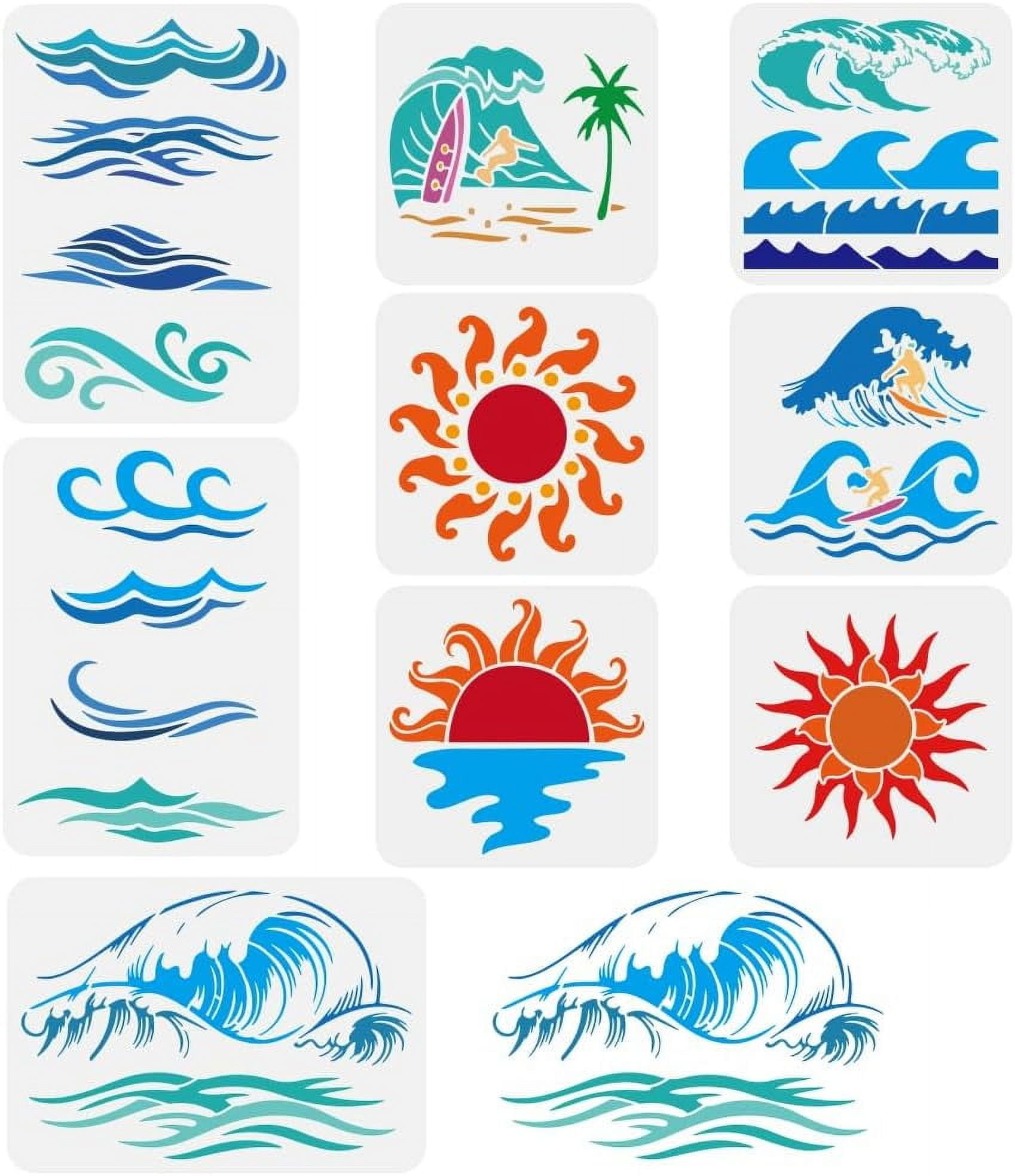 9 PCS Sea Waves Painting Stencil Sun Beach Template Summer Surfing ...