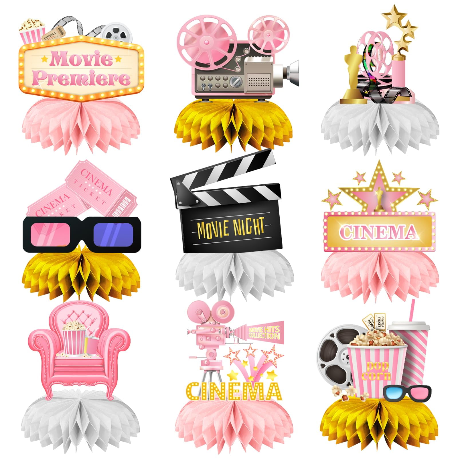 9 PCS Supplies Photo Booth Props C35 Pink Movie Night Honeycomb ...
