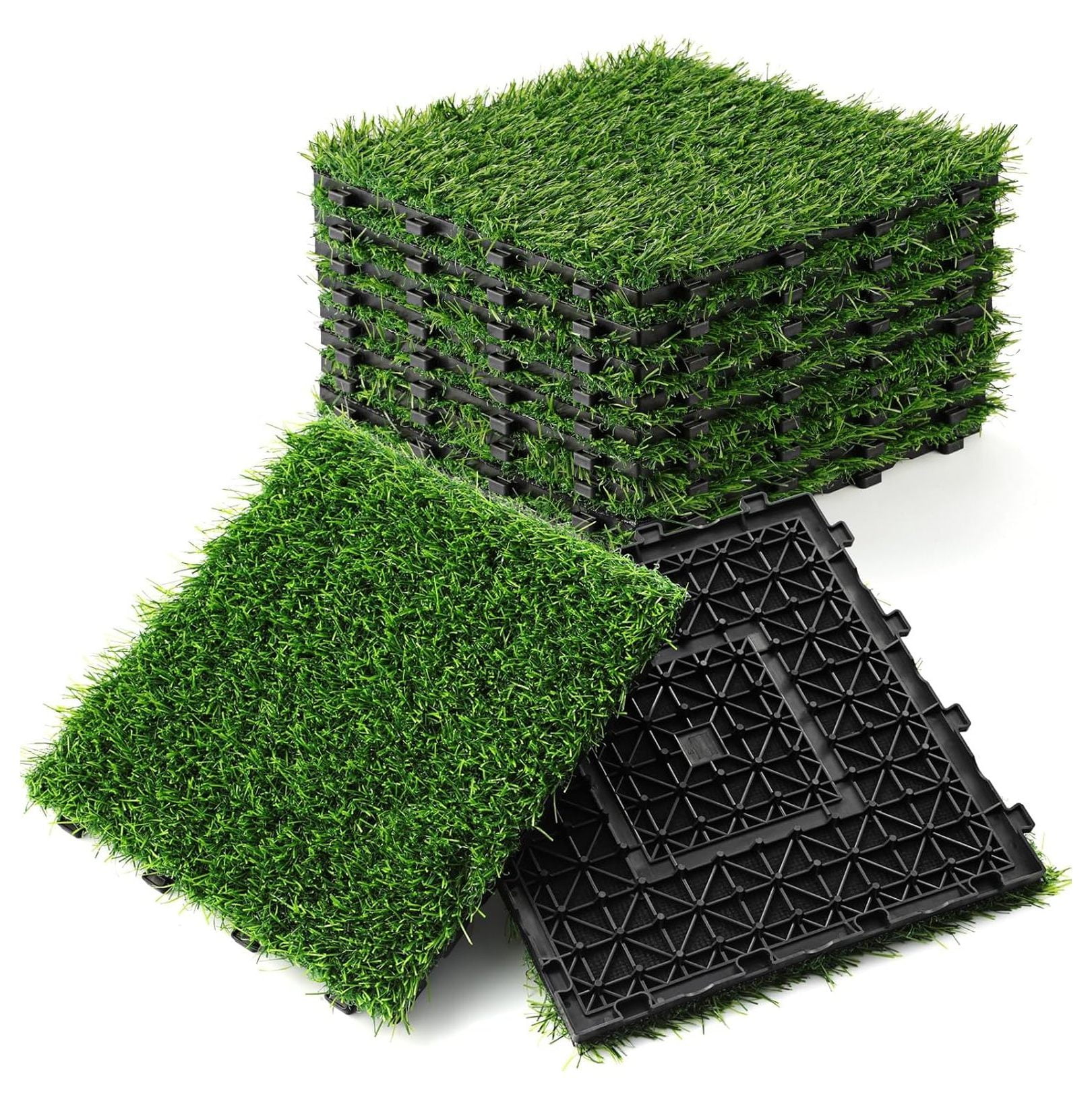 9 Pack 12" × 12" Artificial Grass Tiles - Self-Draining, Interlocking ...