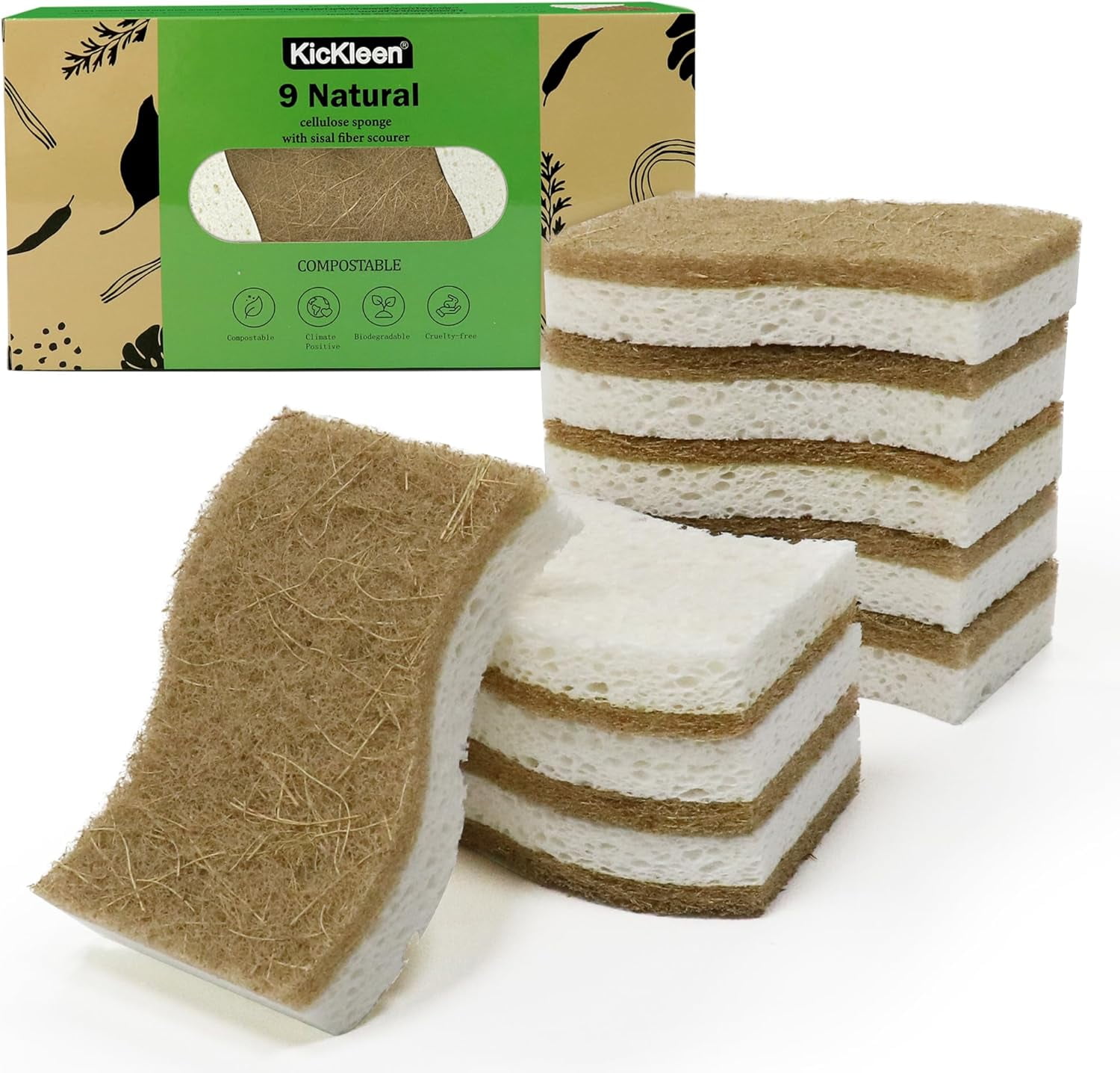 9 Pack Biodegradable Natural Kitchen Sponge - Compostable Cellulose and ...