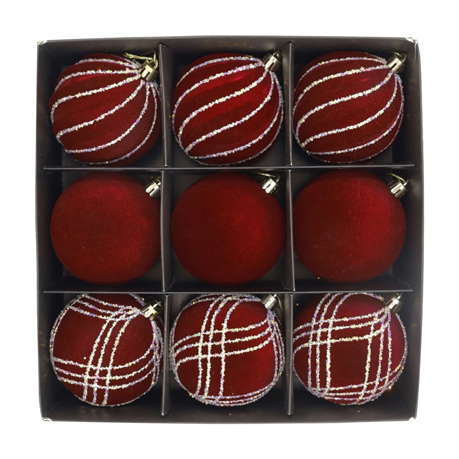 9-Pack Diamond Flocking Christmas Balls, Electroplated Glitter Finish ...