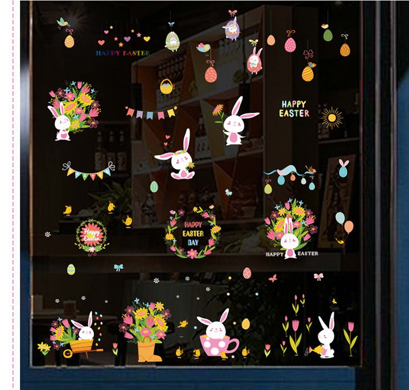 9 Pack Easter Window Wall Stickers Cute Bunny Eggs Window Decals for ...