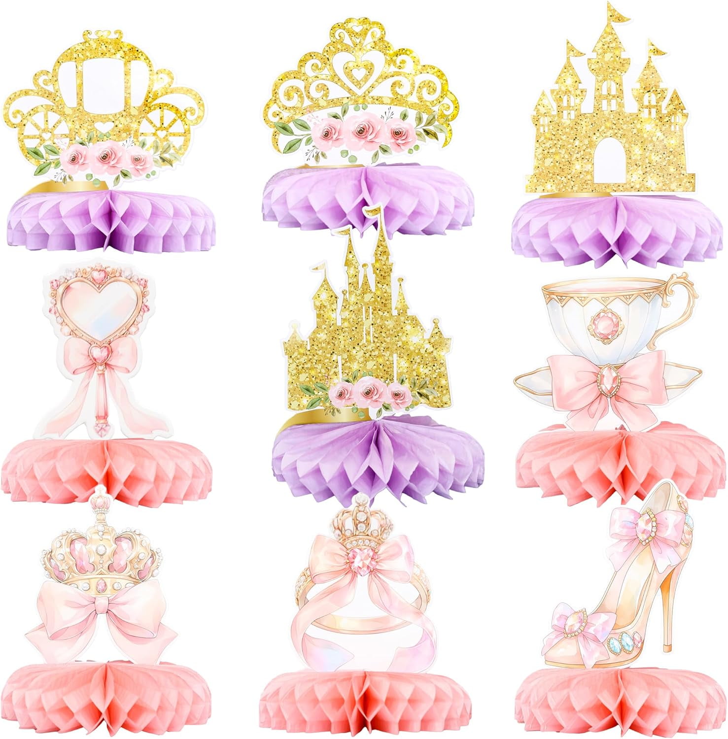9 Pack Floral Princess Honeycomb Centerpieces Pink and Gold Castle ...