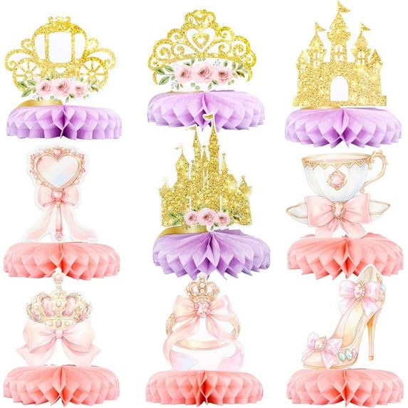 9 Pack Floral Princess Honeycomb Centerpieces Pink and Gold Castle ...