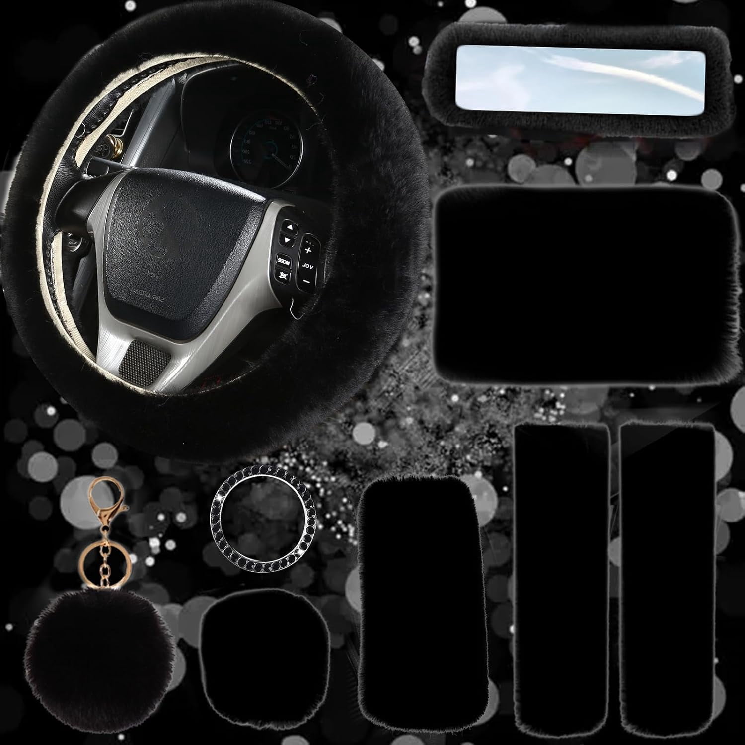 9-Pack Fluffy Car Accessories Set, Fluffy Steering Wheel Cover Winter ...