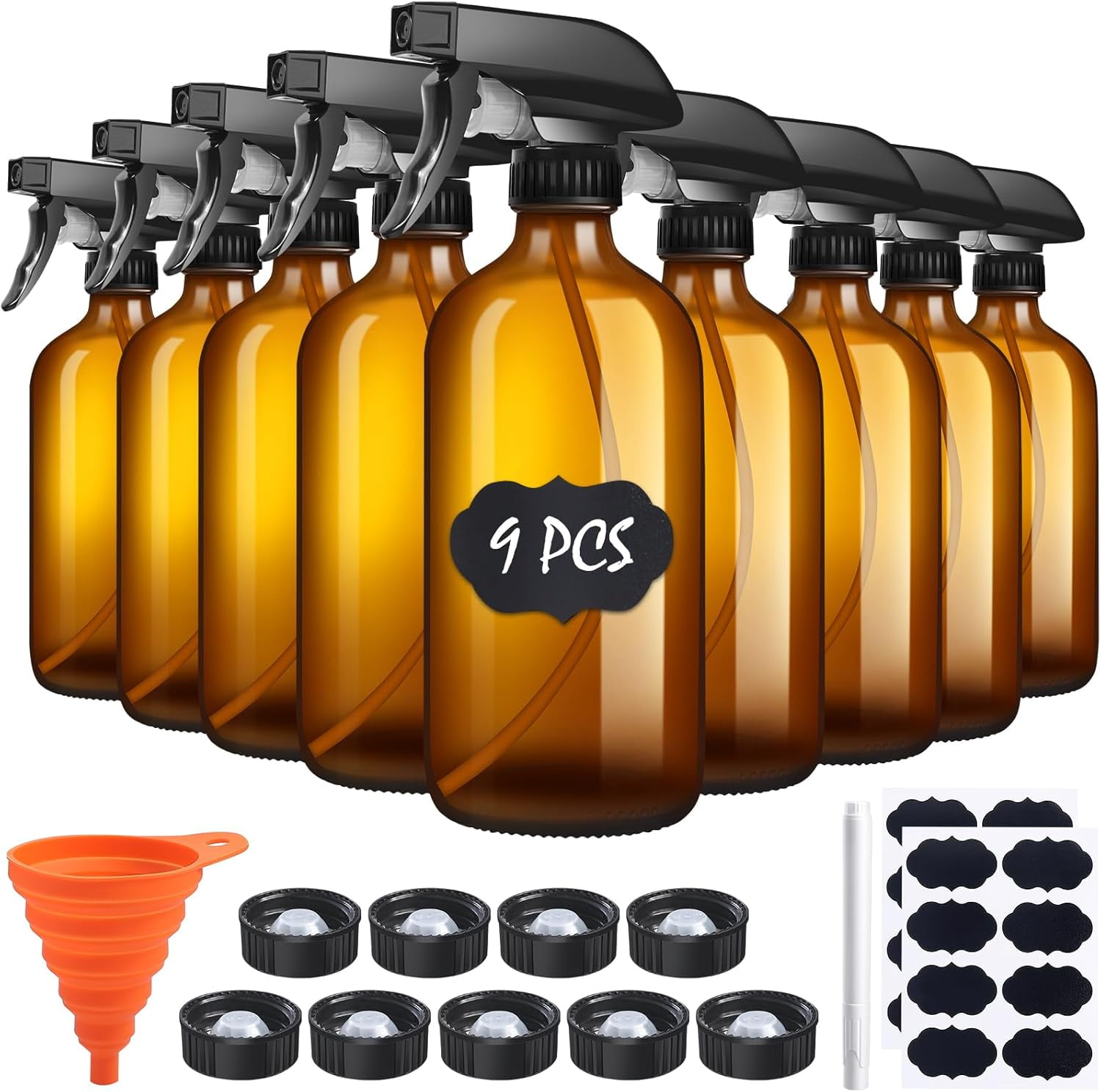 9 Pack Glass Spray Bottle 16oz, Empty Amber Spray Bottle Refillable ...