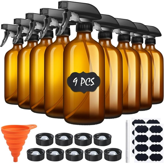9 Pack Glass Spray Bottle 16oz, Empty Amber Spray Bottle Refillable ...