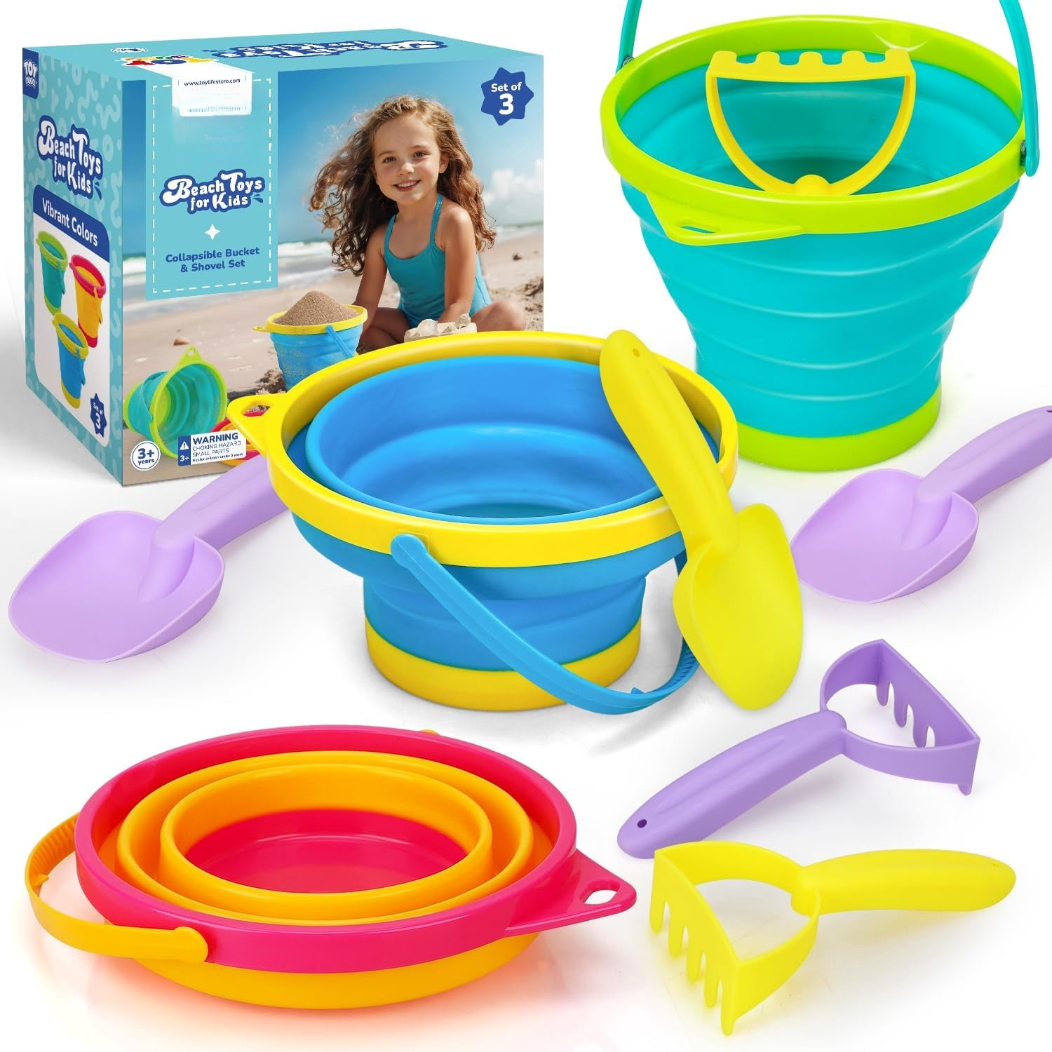9 Pack Sand Buckets Toys Set with 3 Collapsible Beach Buckets 3 Shovels ...