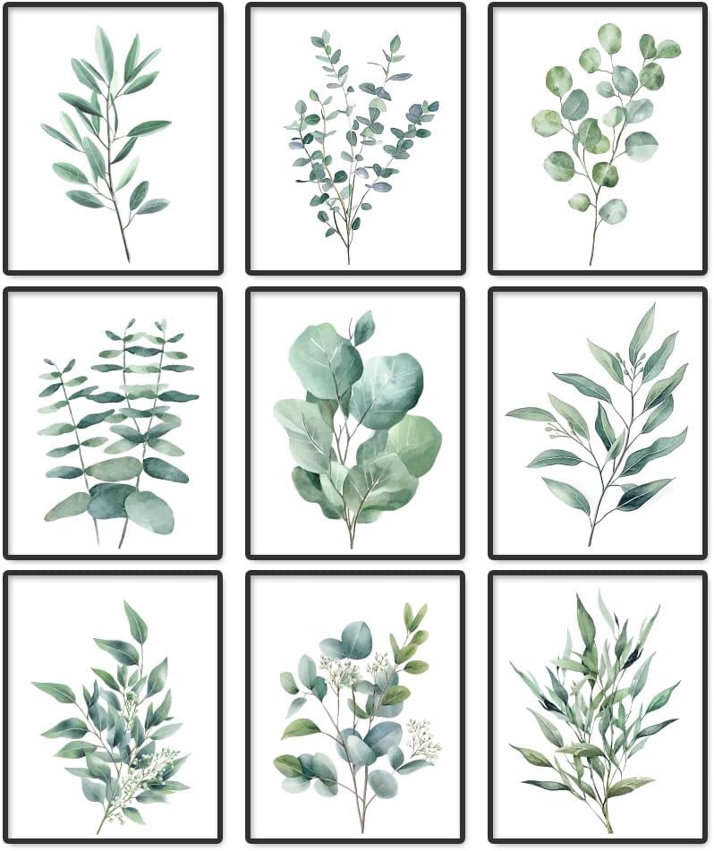 9 Pack Unframed Waterproof Eucalyptus Leaves Canvas Wall Art Decors ...