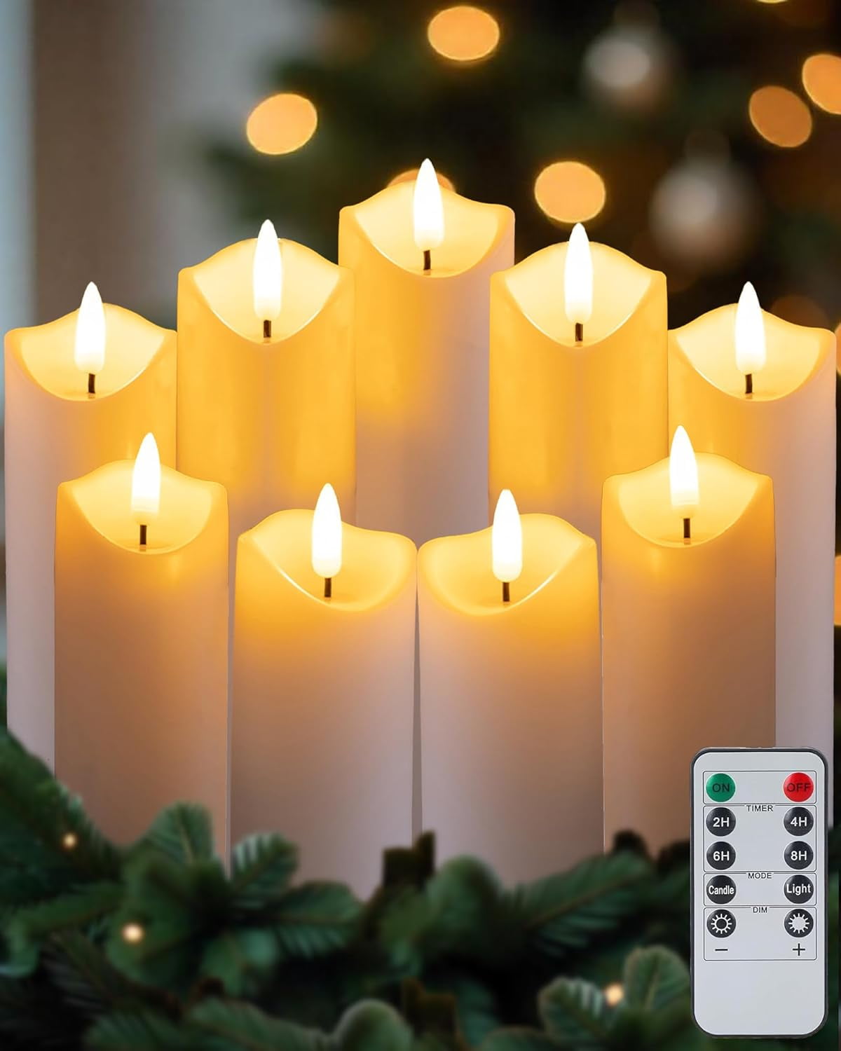 9-Pack White Flickering Flameless Candles Set with Remote Timer, 2 ...