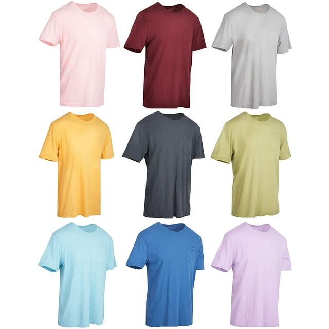Multipack of 9 Men's Cotton Slub Pocket Tees, Colorful T-Shirts in Bulk ...