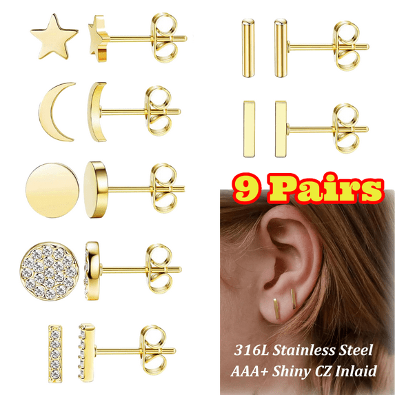9 Pairs Gold Screw Back Stud Earrings for Women, Hypoallergenic ...