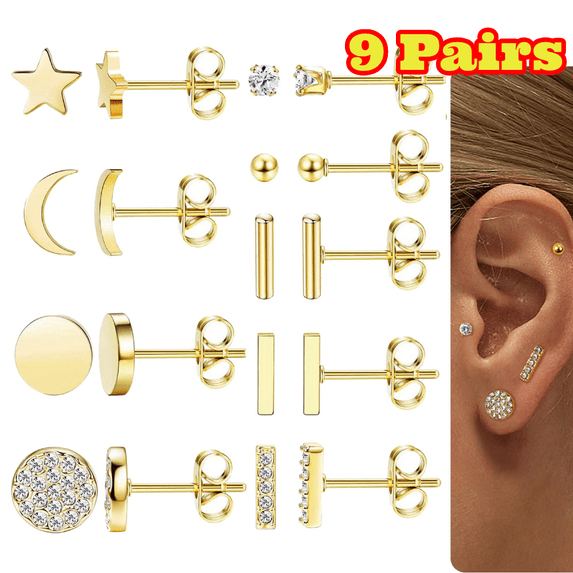 9 Pairs Stainless Steel Stud Earrings for Women, Gold Star Moon Bar CZ ...