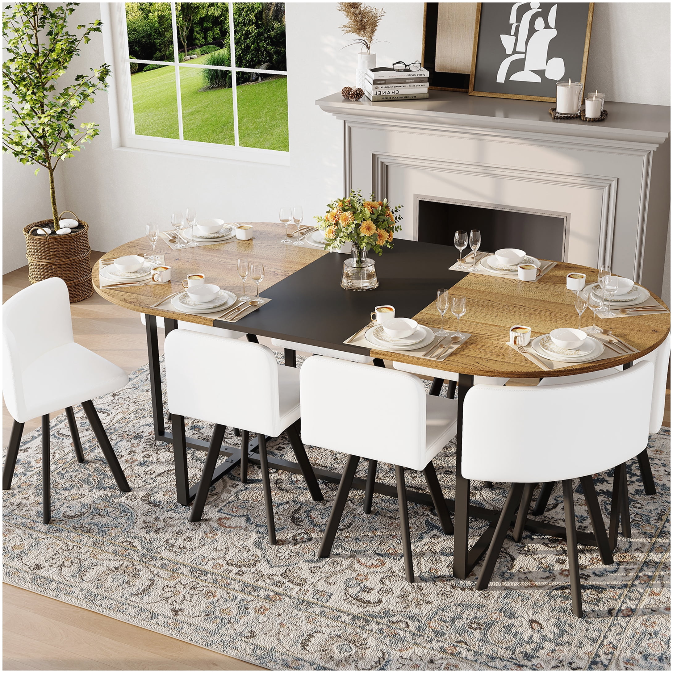 9-Pc Oval Dining Set with White Leather Chairs, Two-Tone Wood Table for ...
