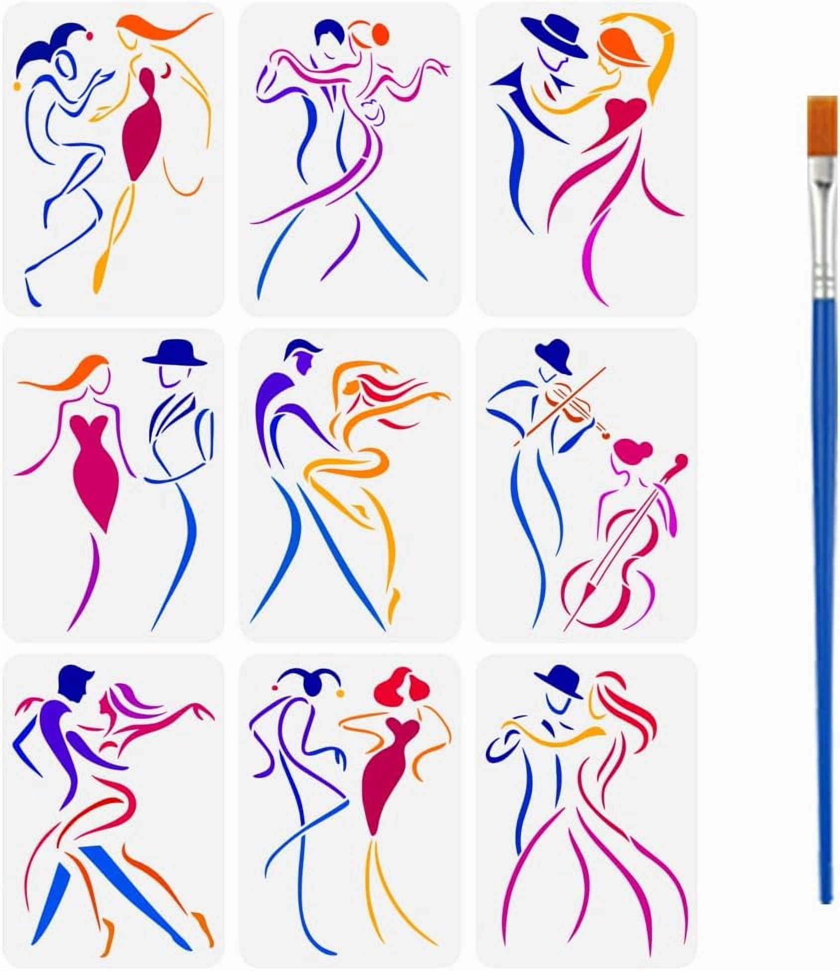 9 Pcs Abstract Line Figures Painting Stencil with Brush 8.3x11.7inch ...