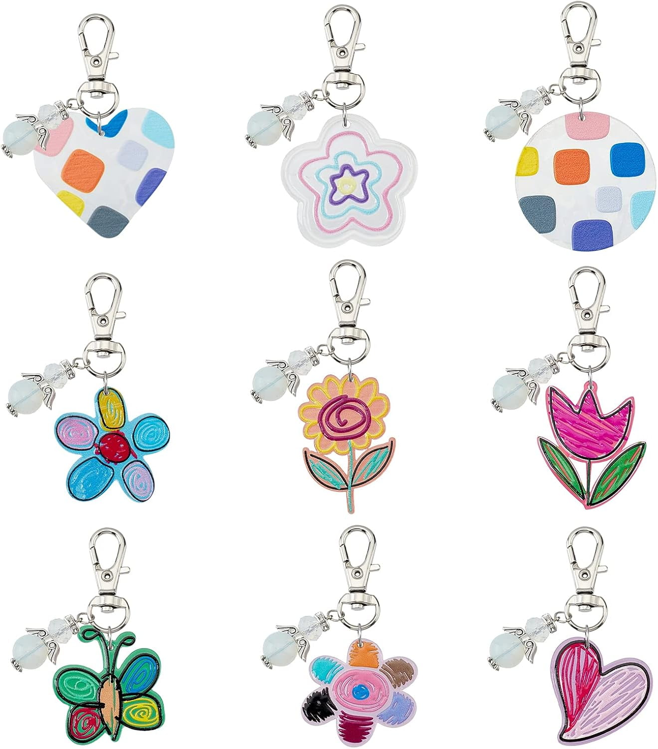9 Pcs Acrylic Print Pendant Keychains Star & Flower & Heart & Butterfly ...