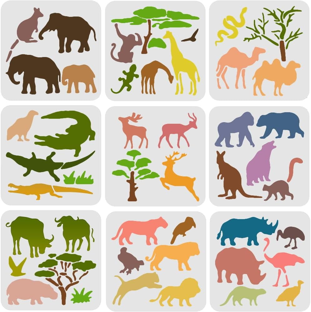 9 Pcs Animals Stencils Template 20x20cm Plastic Monkey Bear Bird ...