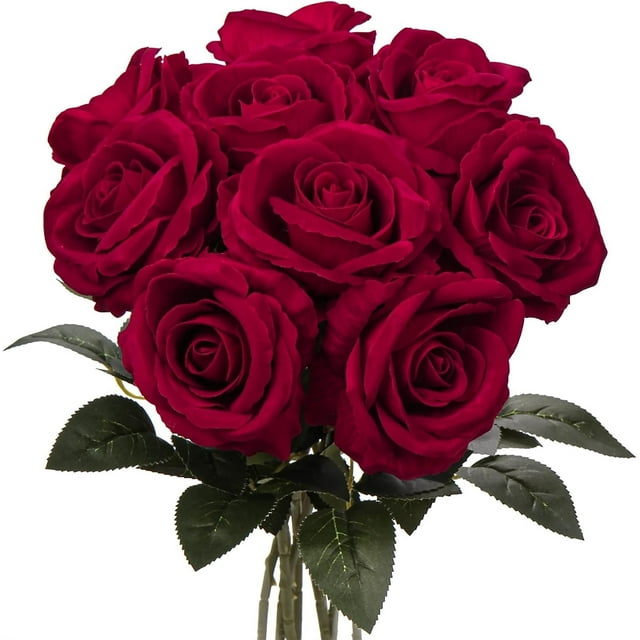 9 Pcs Artificial Flowers Red Rose Bulk Velvet Real Touch Artificial ...