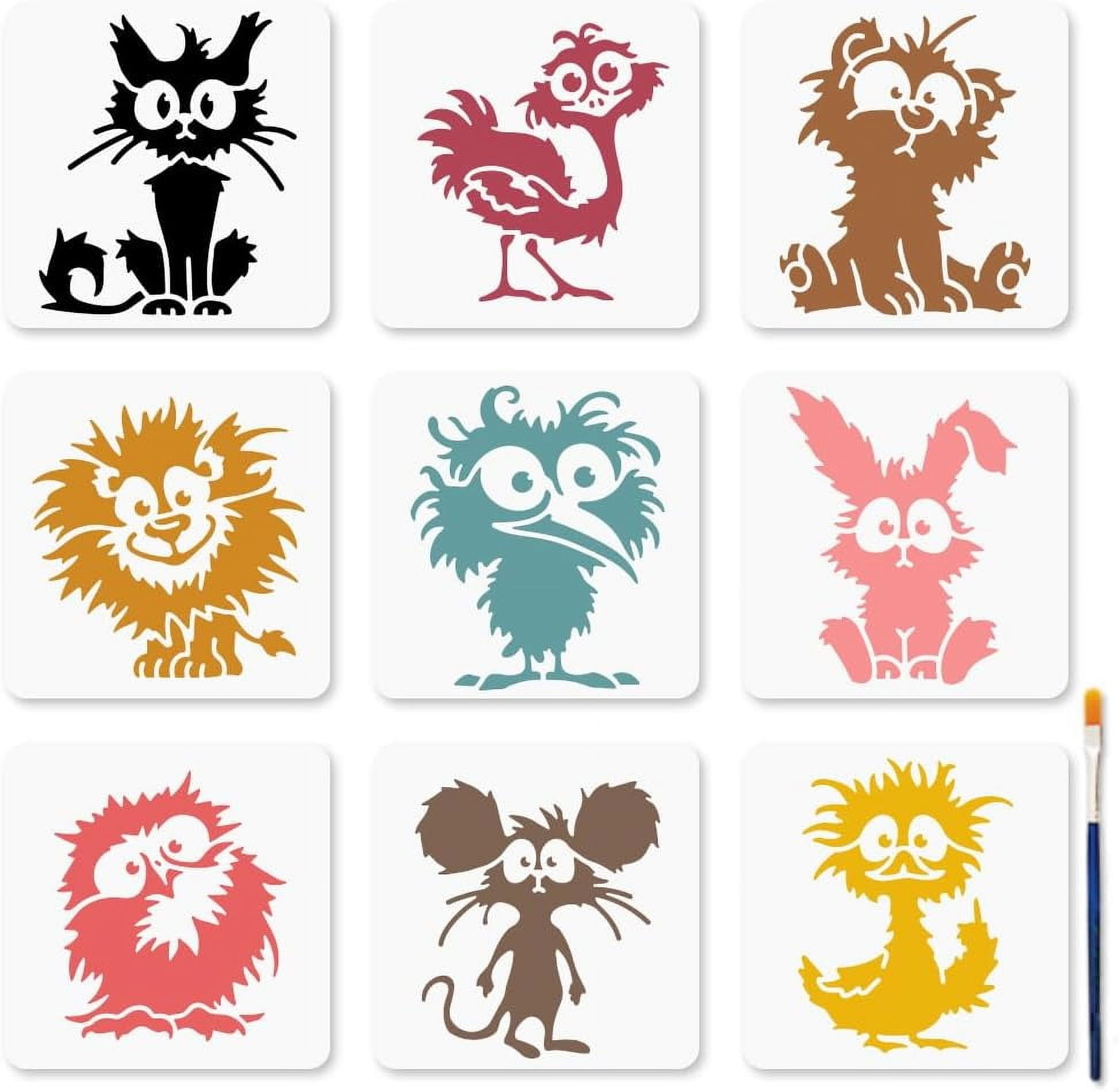 9 Pcs Big Eyes Animal Stencil Cartoon Animals Stencils with Paint Brush ...