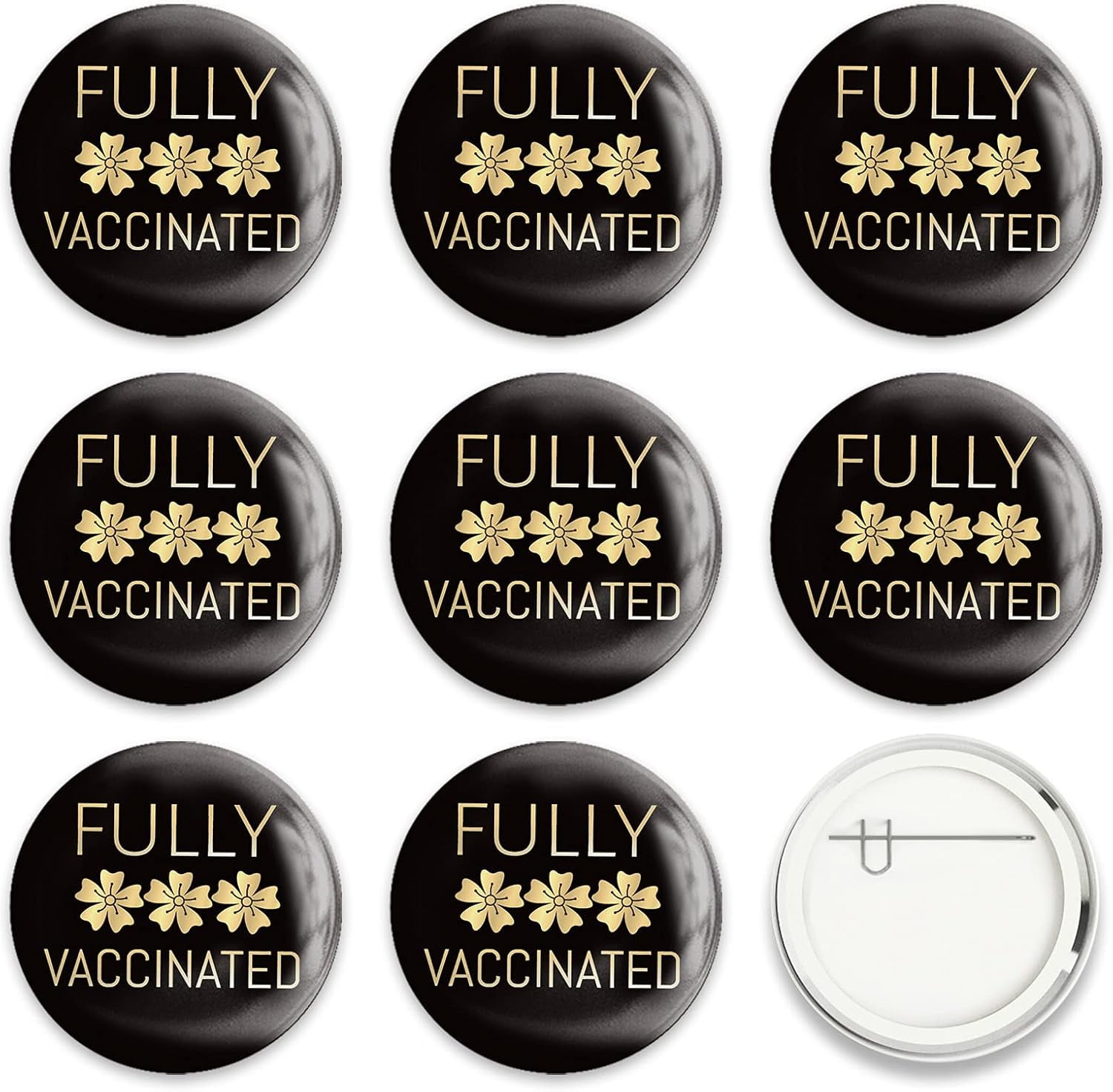 9 Pcs Black Gold Vaccine Button Pins Fully Vaccinated Petal Pattern For ...
