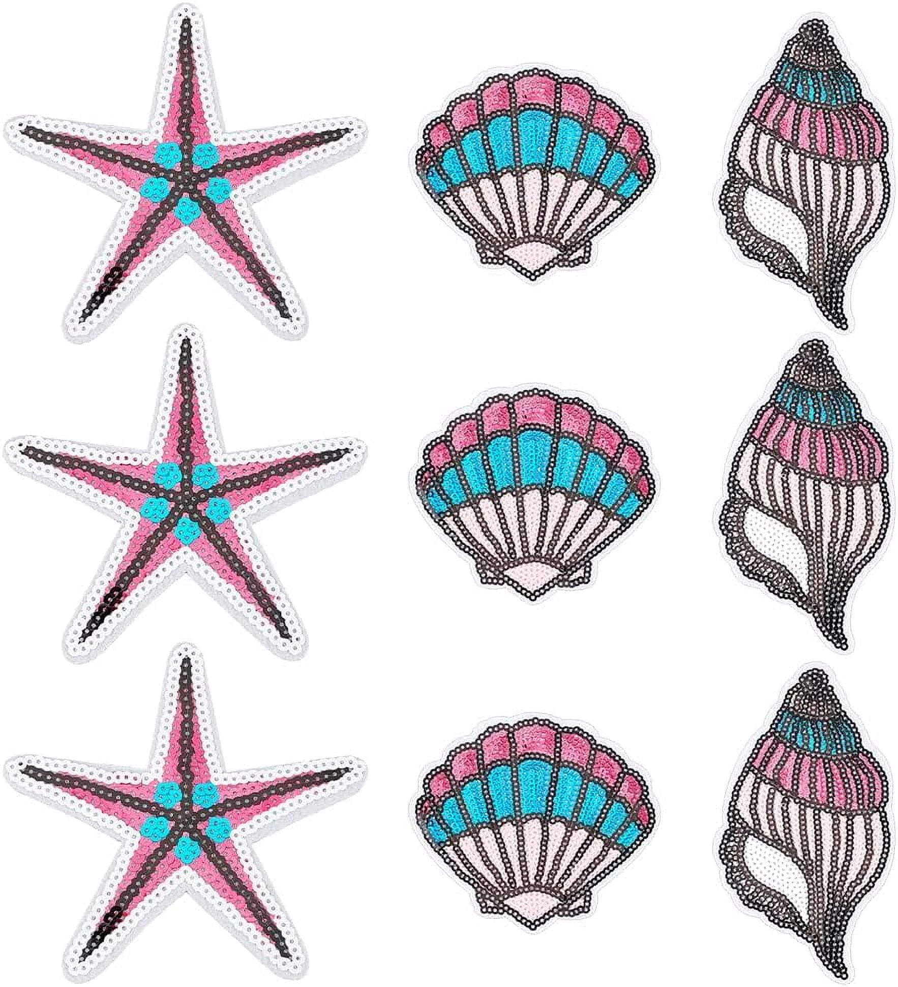9 Pcs Conch Seashells Starfish Sequin Patches Paillette Iron on Cloth ...