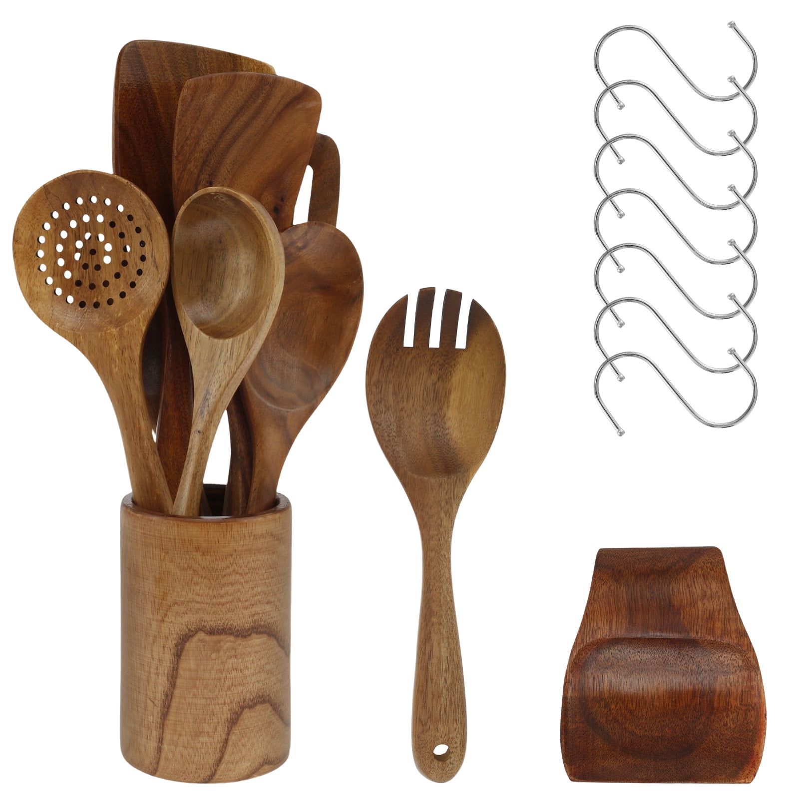 9 Pcs Cooking Utensils Set Teak Wood Kitchen Utensil Set with 7 Hooks ...